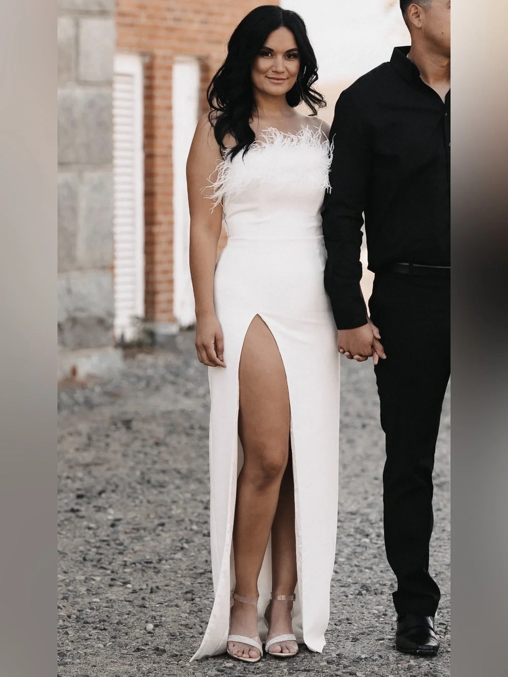 Miss Circle | Dresses | Strapless White Feathertrim Column Gown With ...